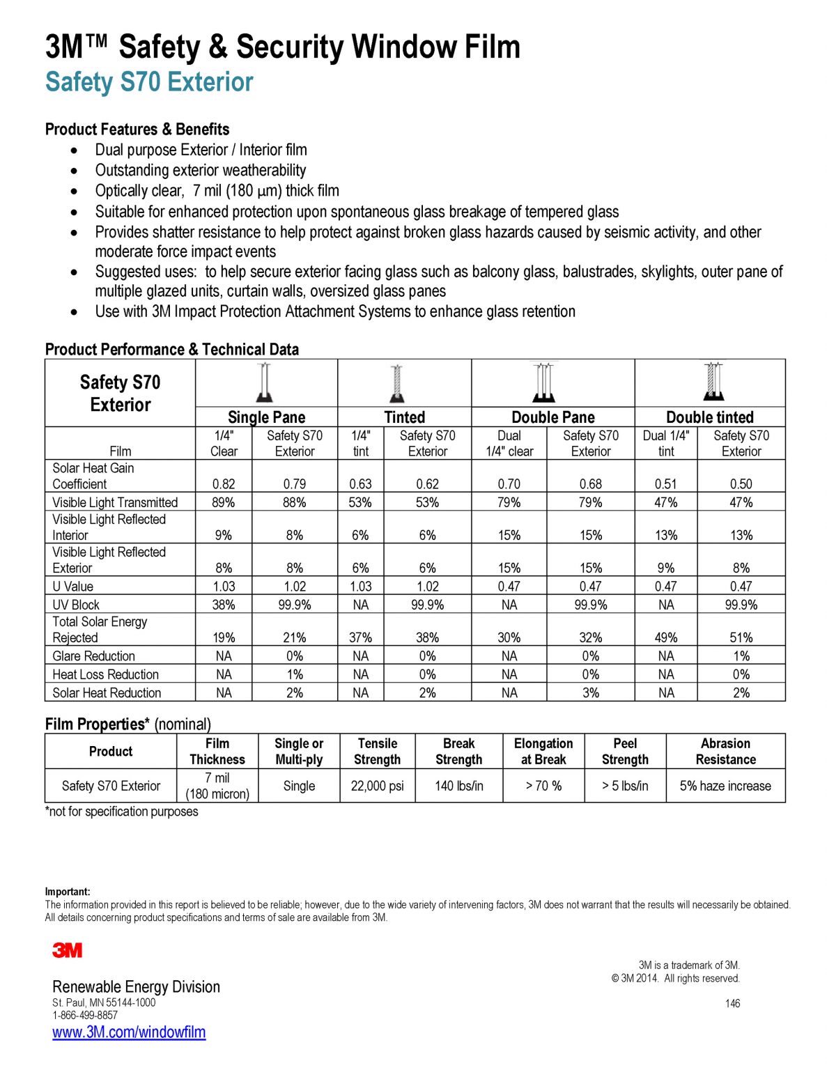 3M Safety S70 Exterior 7mil | Titan Solar Window Film